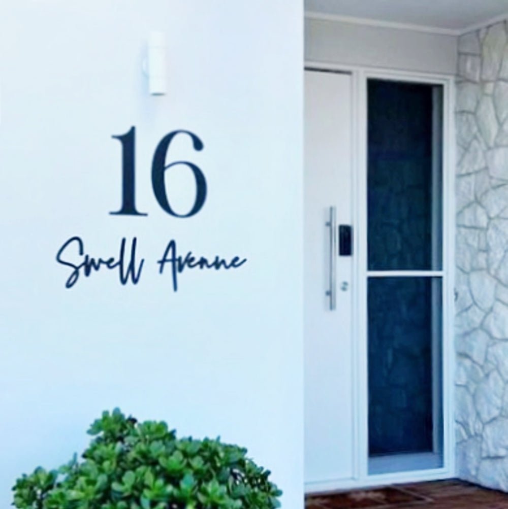 handwritten cursive modern house number street name sign NZ