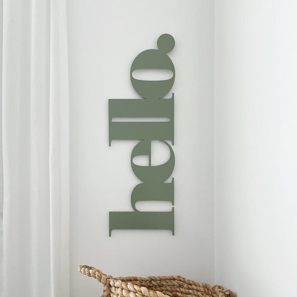 hello wall sign - sage green steel art - nz made by LisaSarah