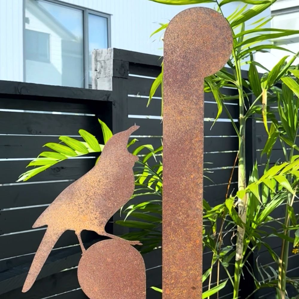 nz tui bird & koru fern garden sculpture | LisaSarah steel NZ