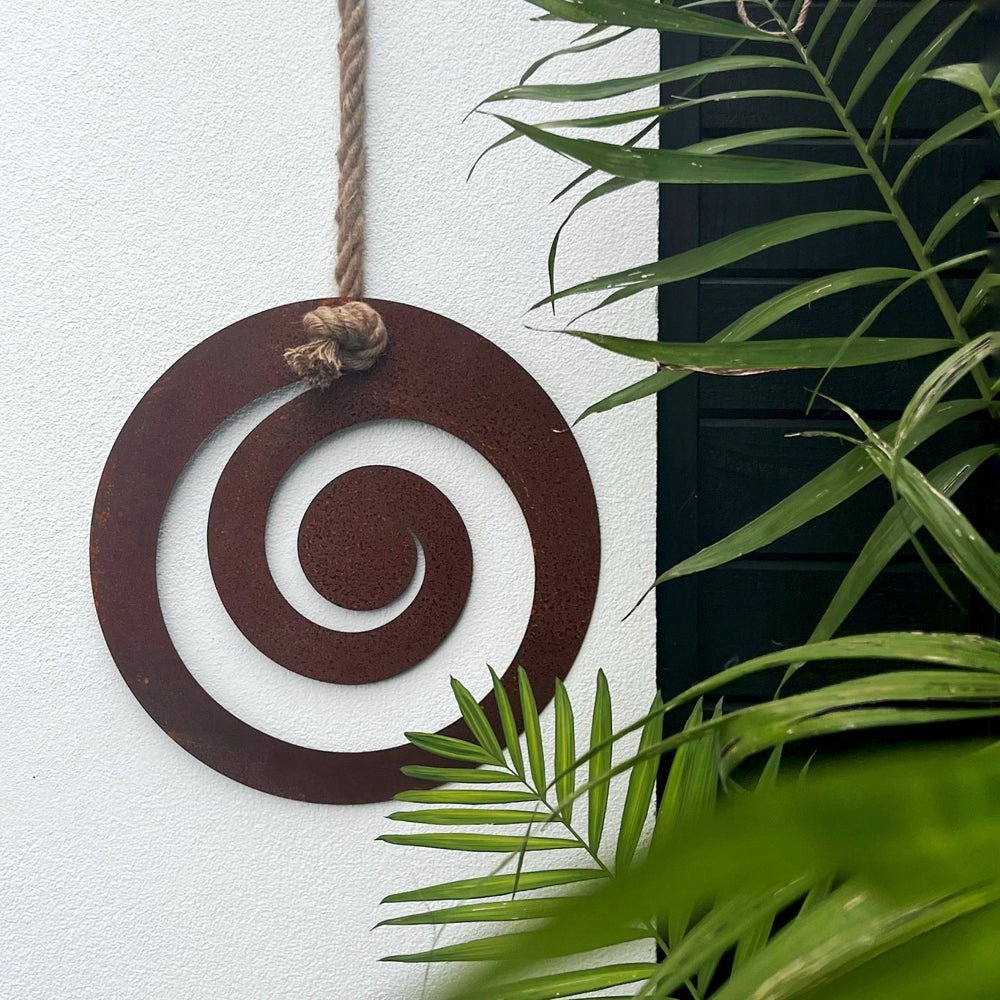 Corten rusting steel large Koru Māori design wall art NZ