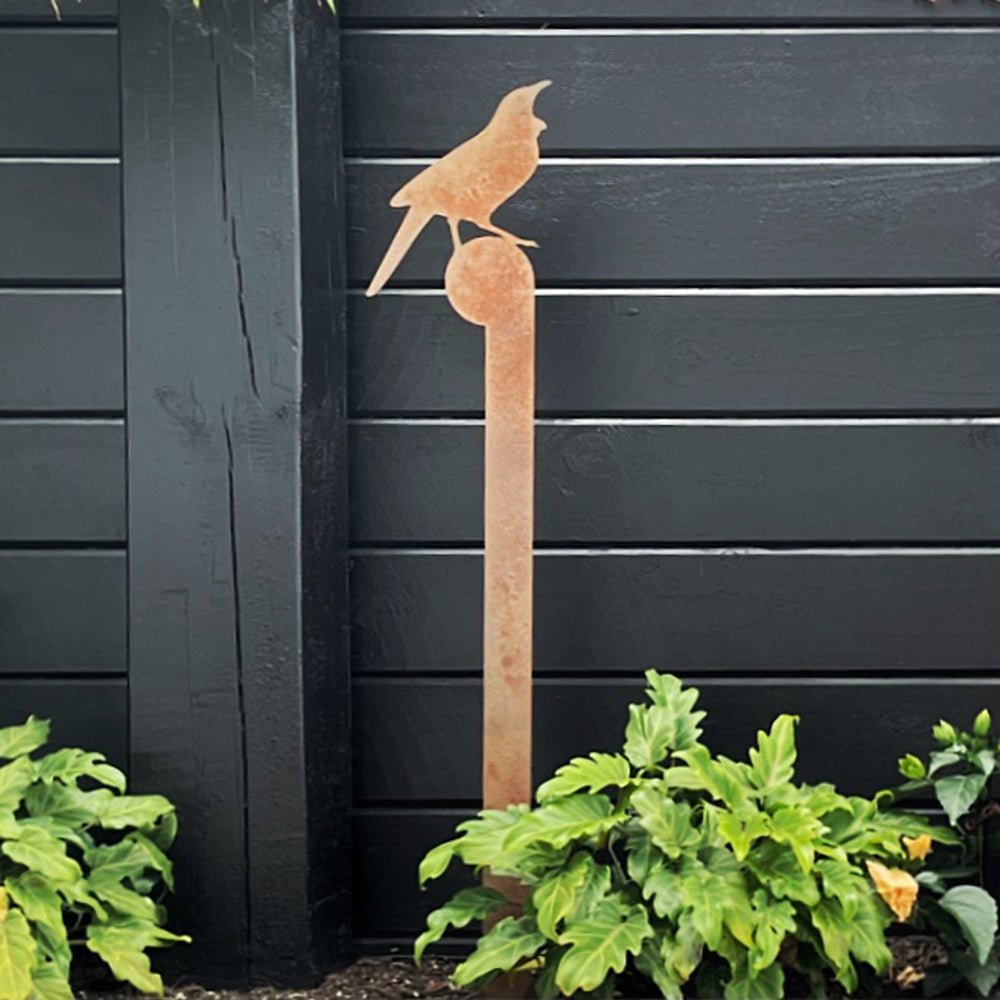 Corten NZ Native bird garden stake Tui large - LisaSarah Steel Designs NZ